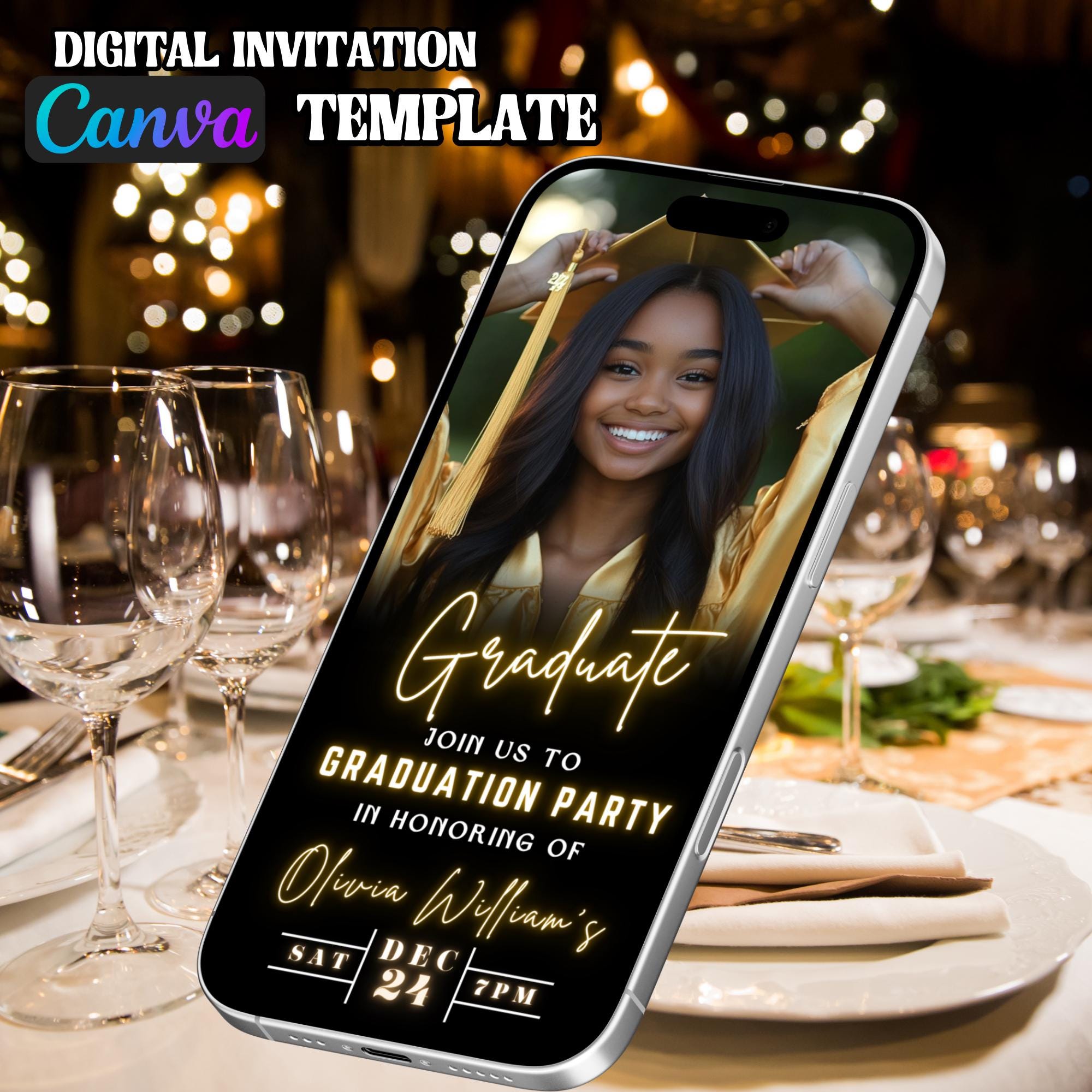 Gold & Black Graduation Party Video Invitation | Photo, Animated (canva ...