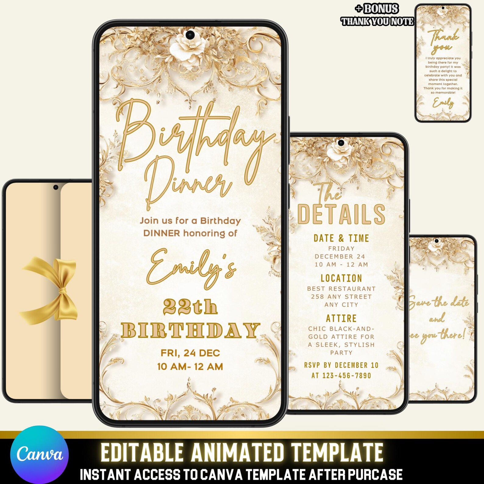 Animated Birthday Dinner Invitation, Gold Envelope With Elegant Frame ...