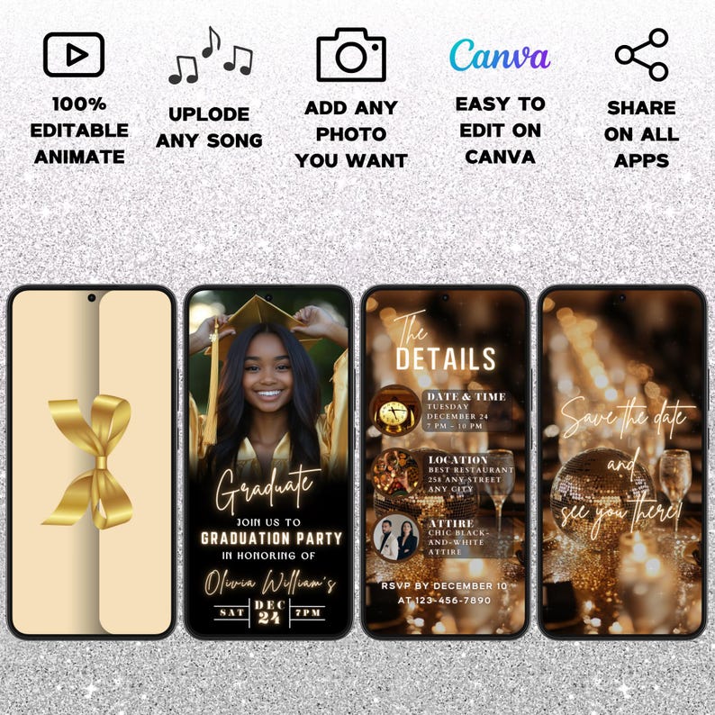 Animated Graduation Party Invitation | Gold & Black, Canva Template ...