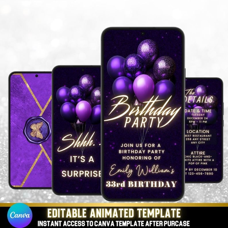 PURPLE Surprise Birthday Party Animated Invitation | Editable Canva ...