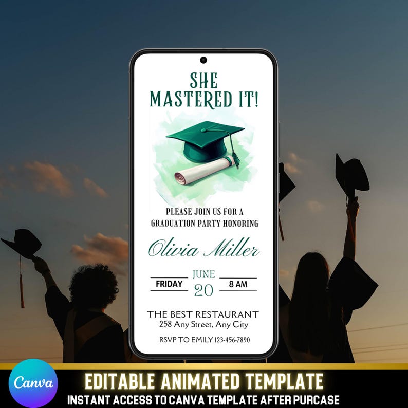 Masters Graduation Party Invitation Animated | Green Grad Evite DIY ...