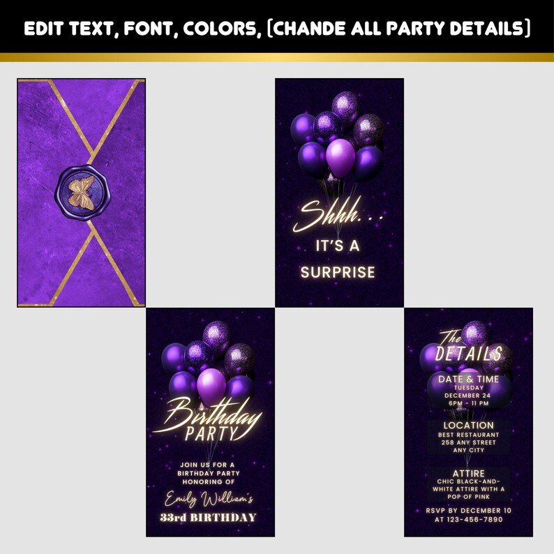 PURPLE Surprise Birthday Party Animated Invitation | Editable Canva ...