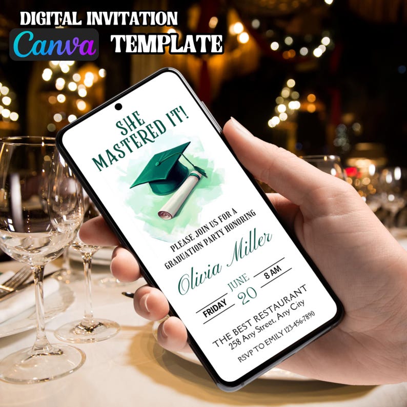 Masters Graduation Party Invitation Animated | Green Grad Evite DIY ...