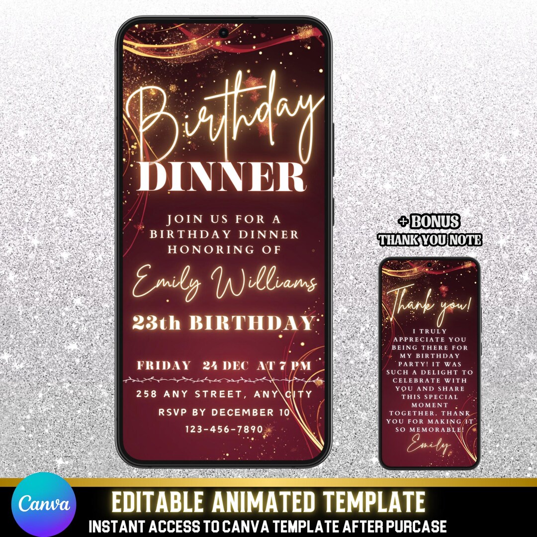 Elegant Animated Dinner Invitation, Burgundy and Gold Digital Invite ...