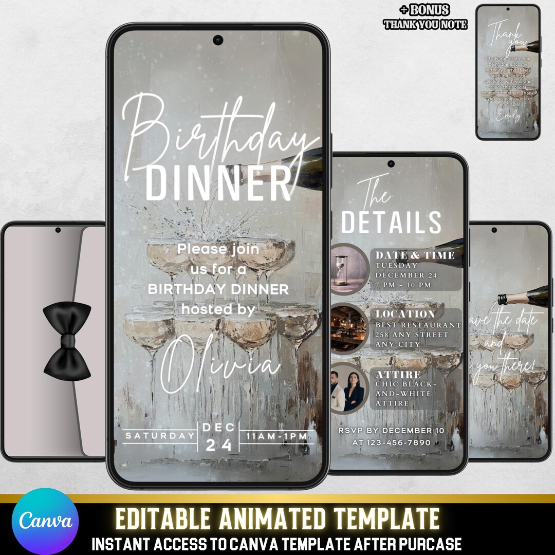 Animated Dinner Birthday Invitation Elegant Champagne Dinner Digital ...