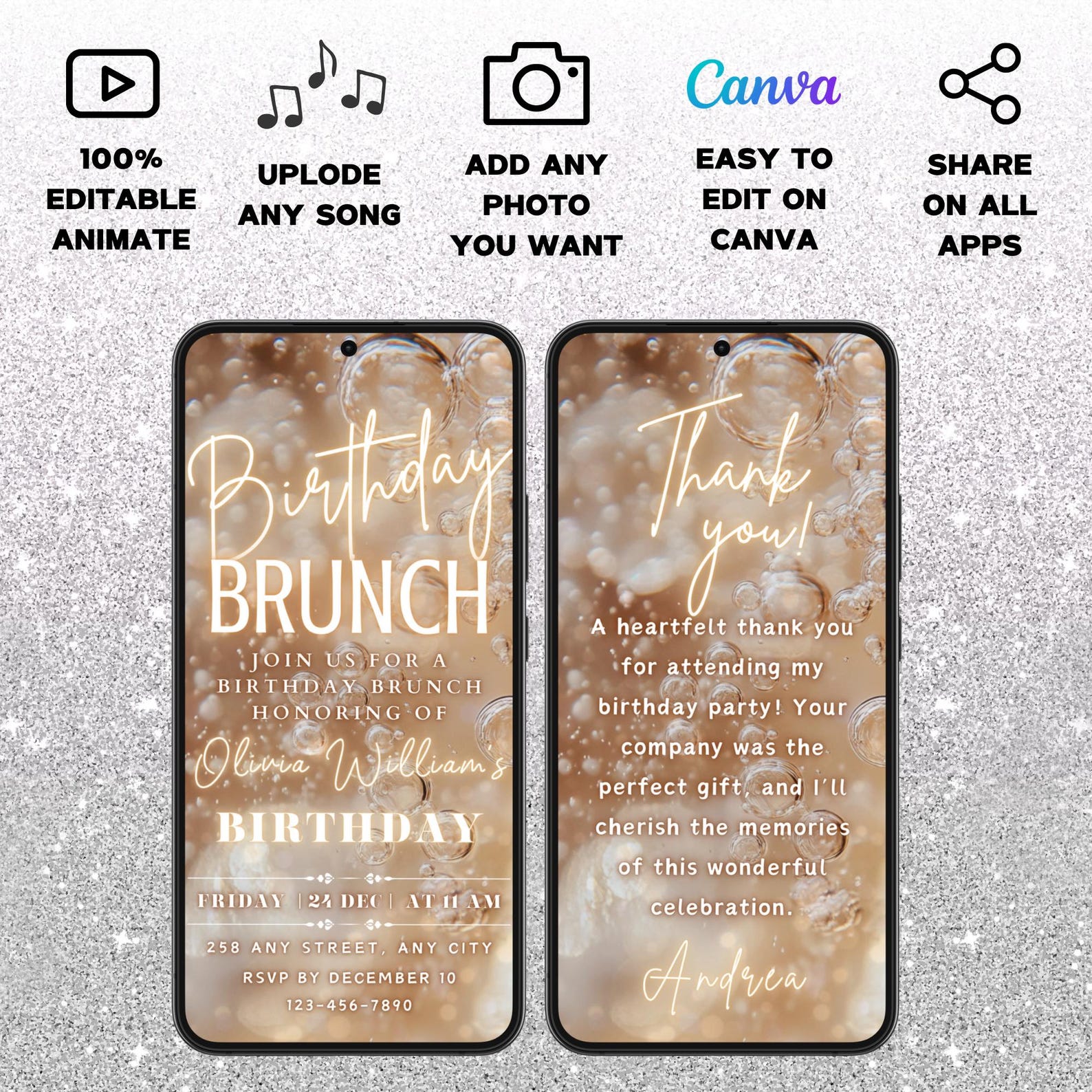 Elegant Animated Brunch Video Invitation, Gold & Bronze Text, Sparkling ...