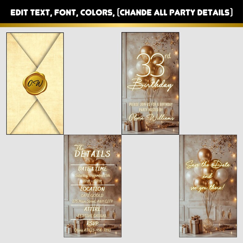 33rd Birthday Video Invitation, Gold Balloons, Elegant Canva Template ...