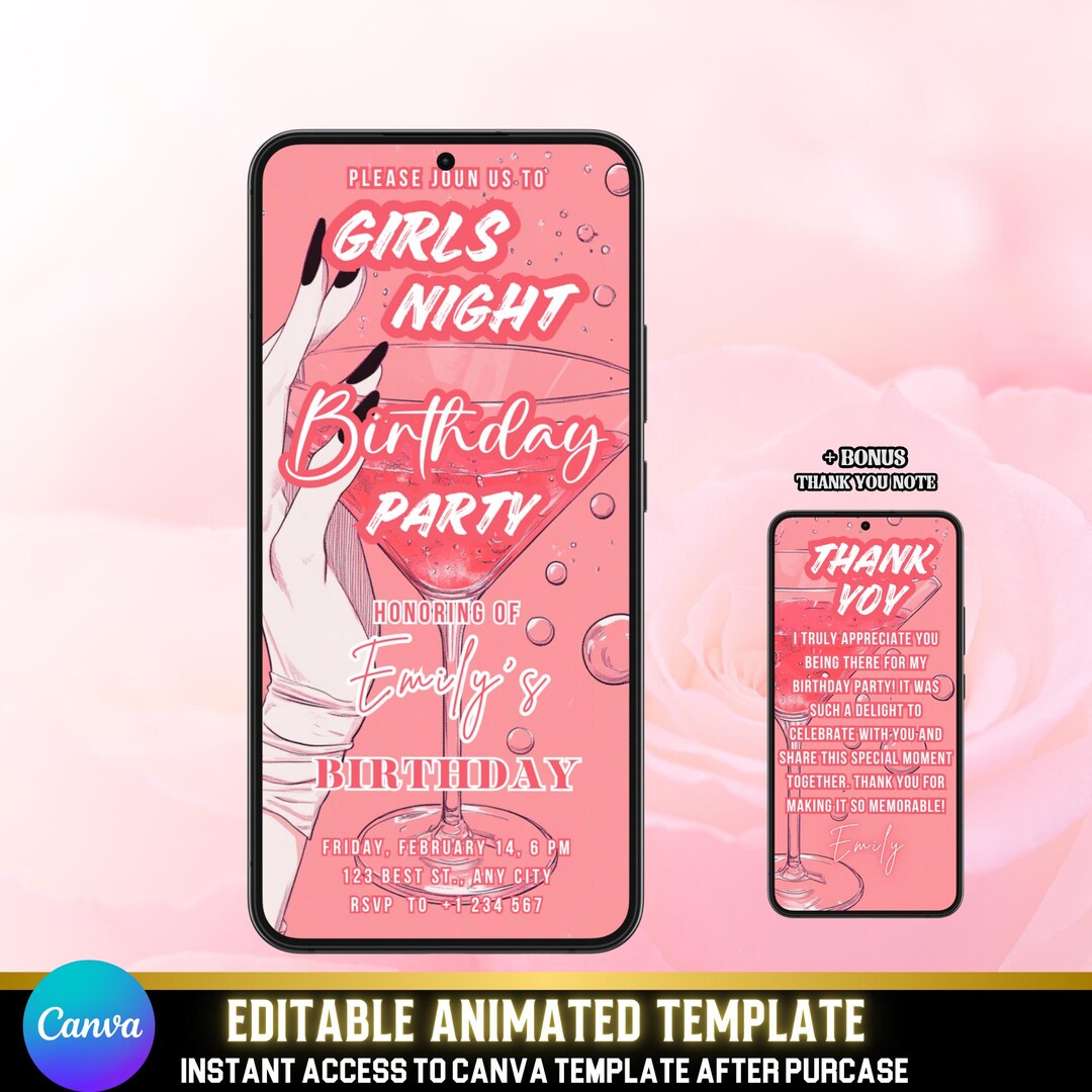 Pink Girls Night Birthday Invitation | Animated Party Video Evite ...