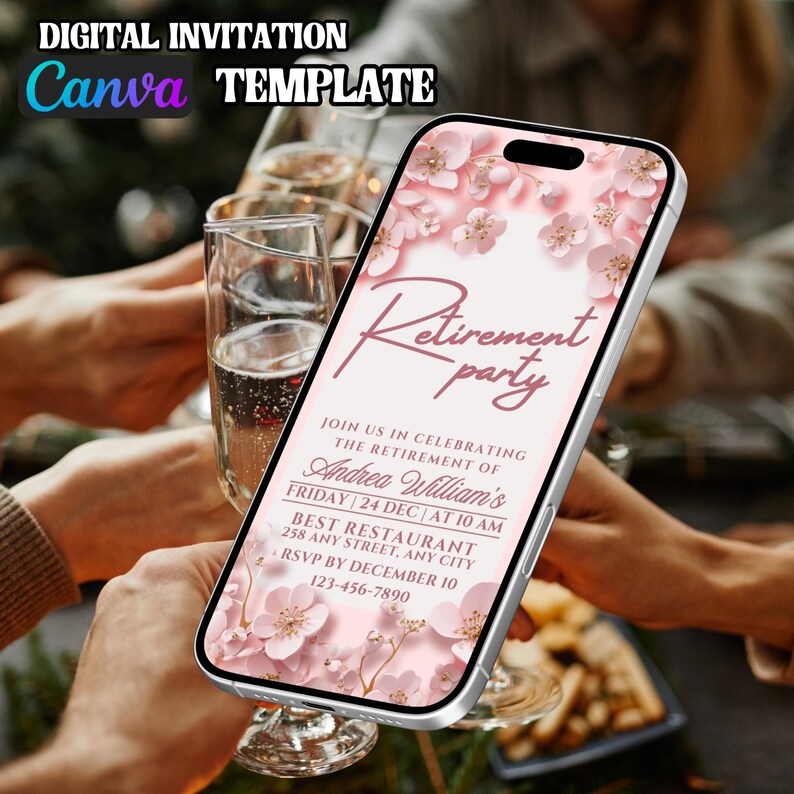 Pink Cherry Blossom Retirement Party Invitation Video | Editable Canva ...