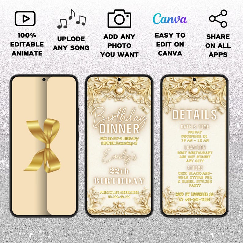 Gold Frame Birthday Dinner Invitation, Animated Elegant Evite (digital ...