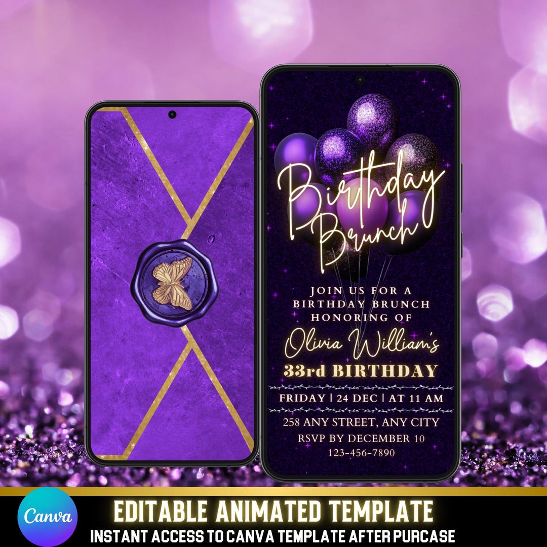 Purple Birthday Brunch Invitation | Animated Video Invite | Elegant ...