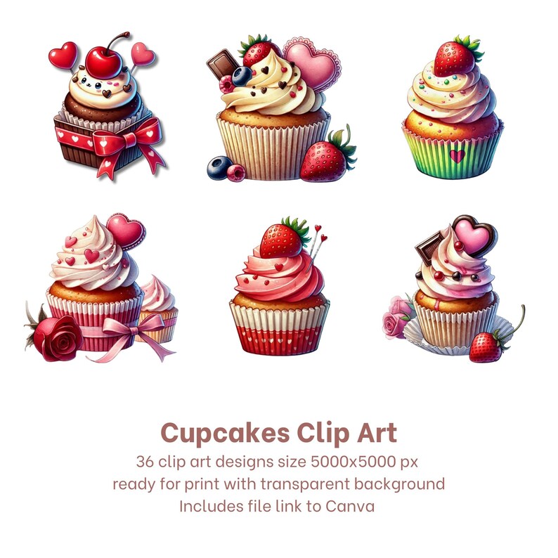 36 Sweet Cupcakes Clipart, Valentines Day Clipart, PNG, Commercial Use ...