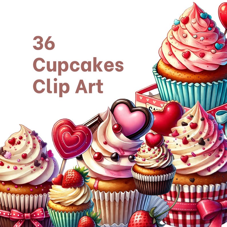 36 Sweet Cupcakes Clipart, Valentines Day Clipart, PNG, Commercial Use ...