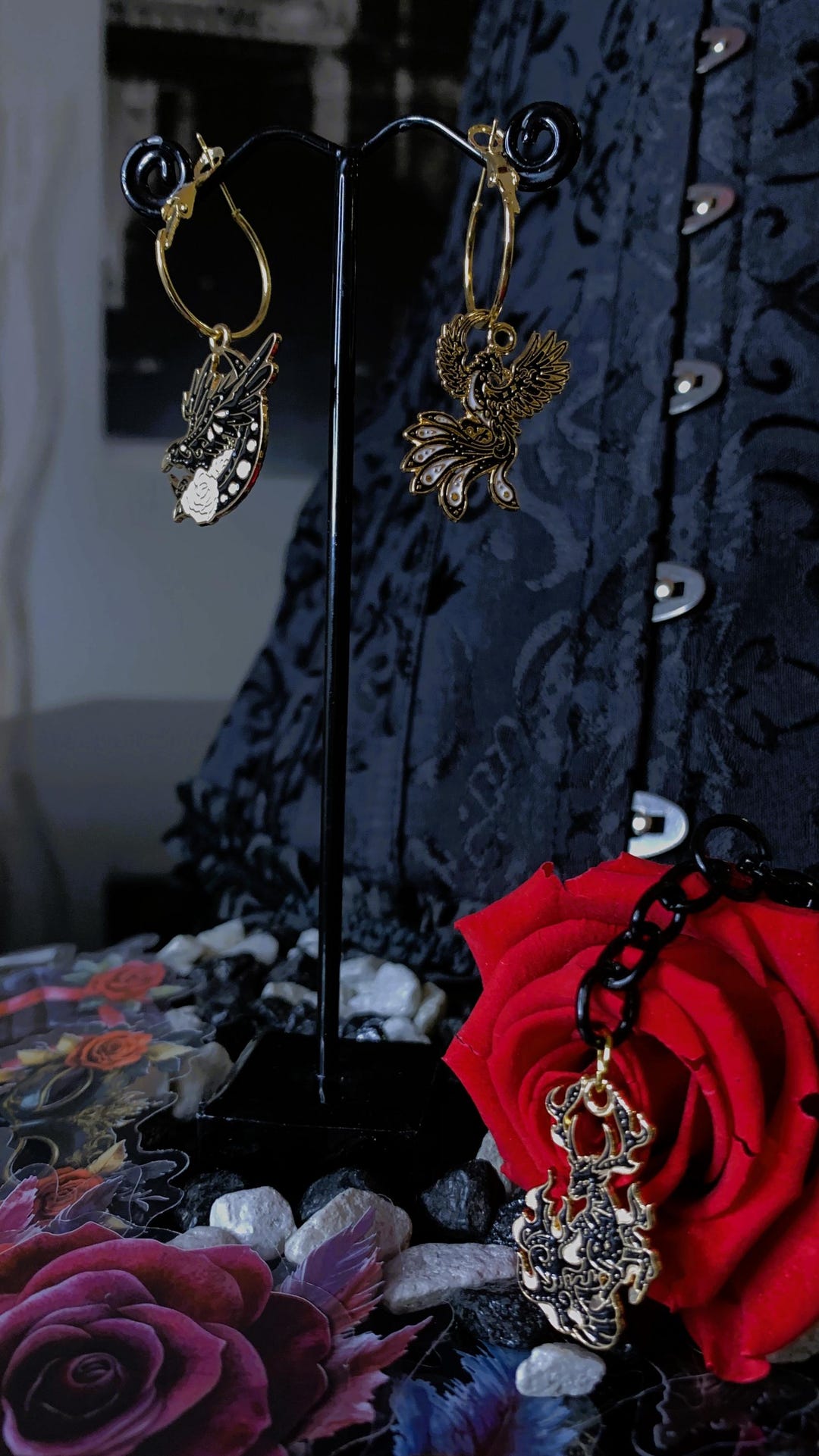 Earring “golden Phoenix” | Gothic Black & Gold Bird Earring – Dark ...