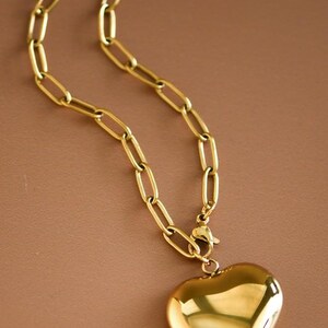 Big Heart Pendant Chain Necklace | Large Puff Heart 18 Gold Dipped ...
