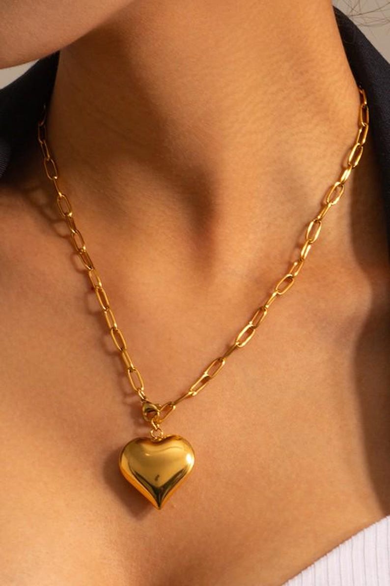 Big Heart Pendant Chain Necklace | Large Puff Heart 18 Gold Dipped ...