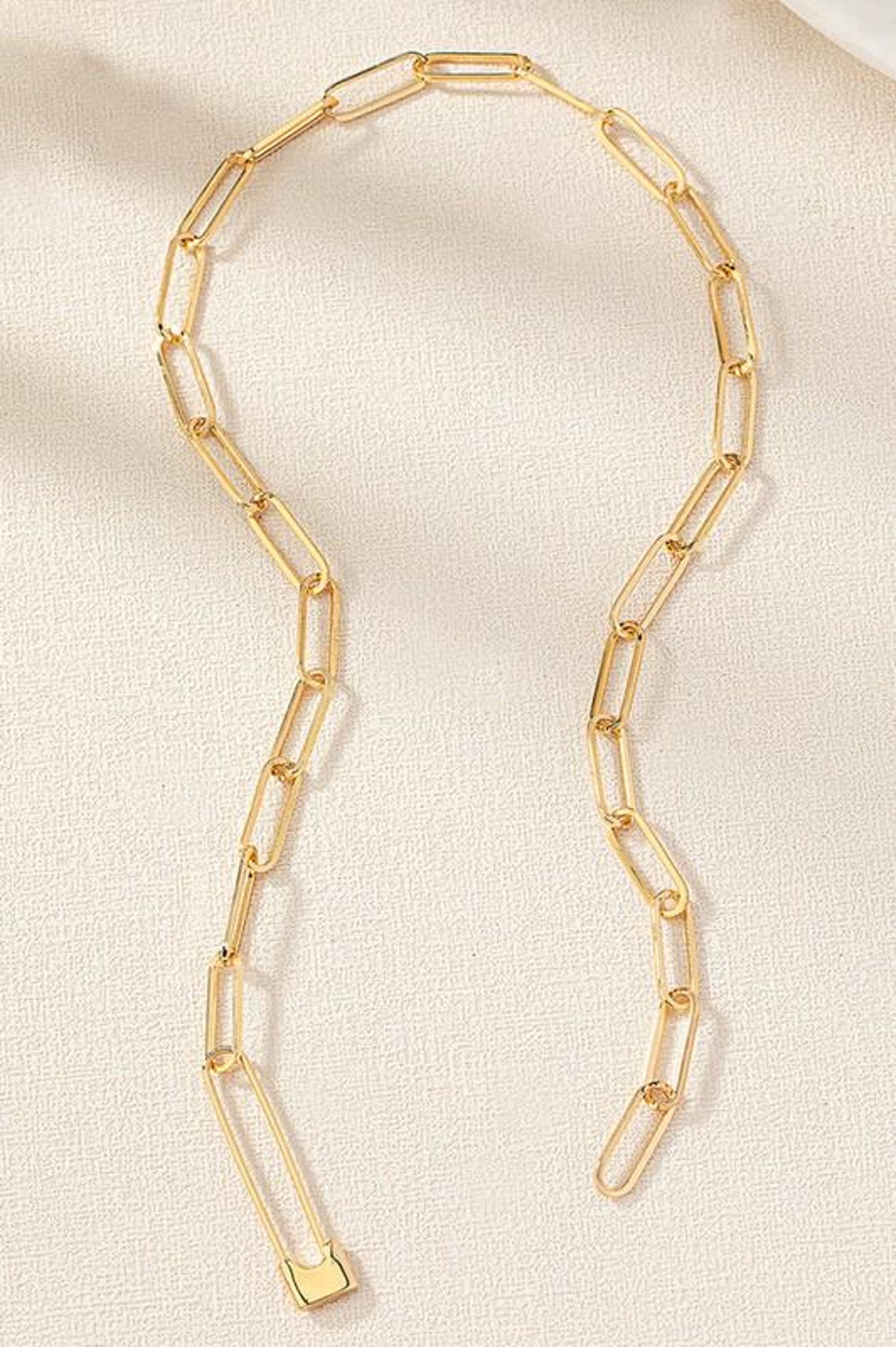 Gold Safety Pin Link Chain Necklace 18K Gold Plated Stainless Steel ...
