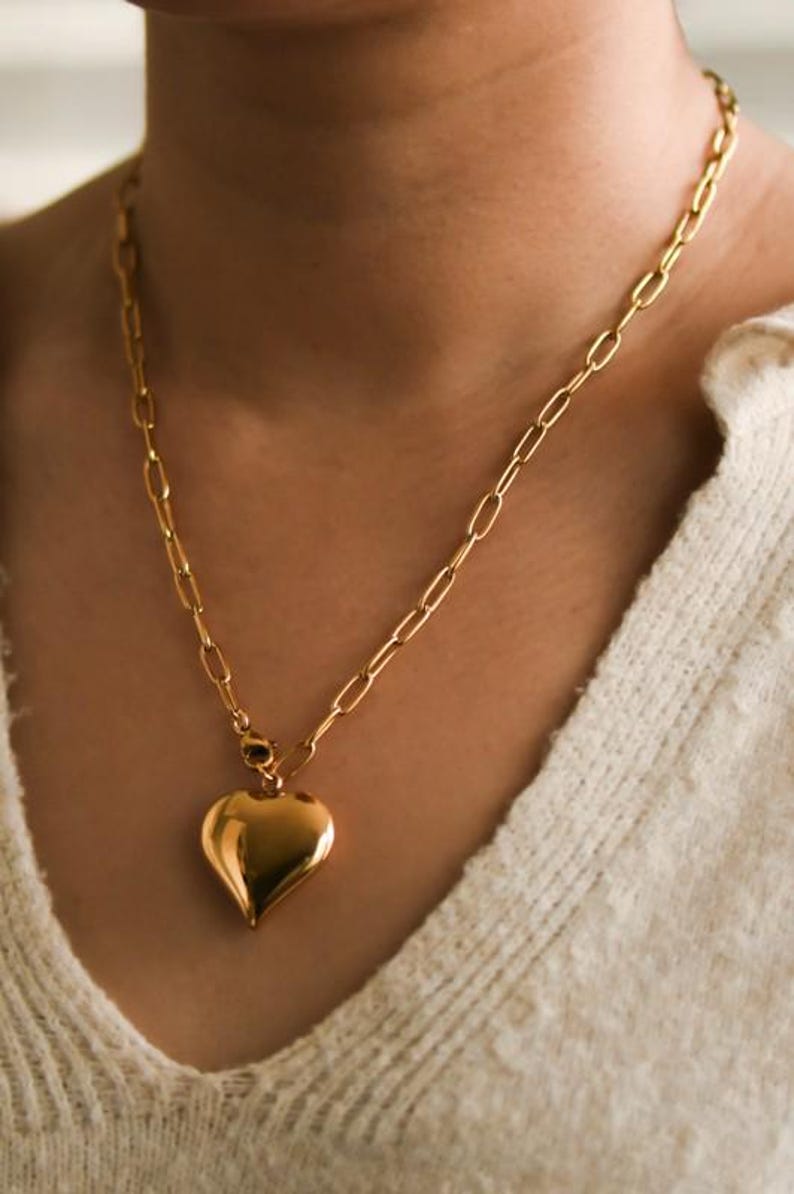 Big Heart Pendant Chain Necklace | Large Puff Heart 18 Gold Dipped ...