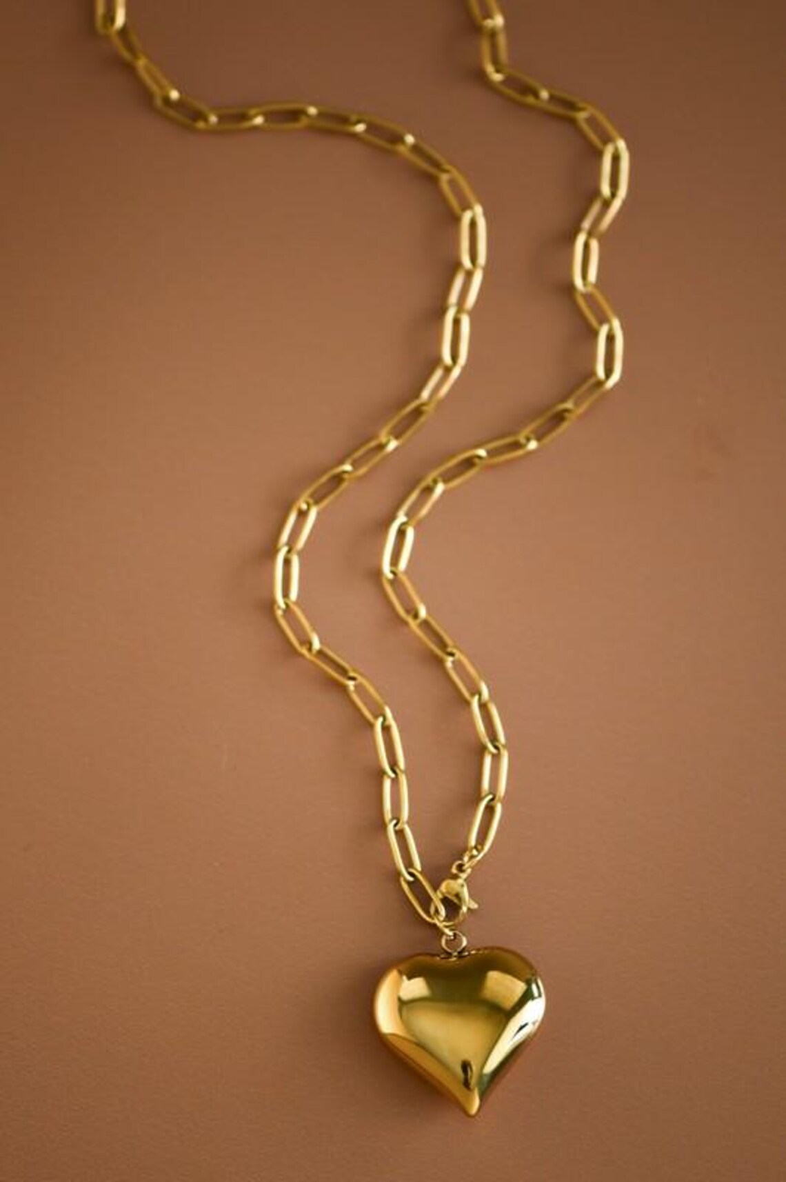 Big Heart Pendant Chain Necklace | Large Puff Heart 18 Gold Dipped ...