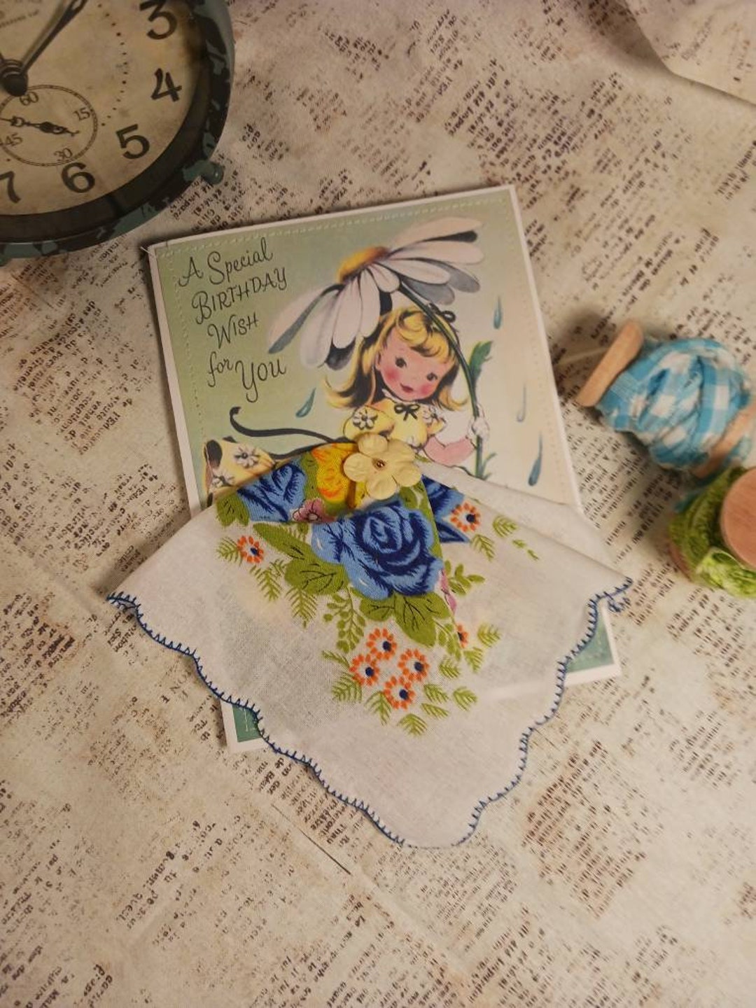 Happy Birthday Card. Vintage Girl Handkerchief Card. 3d Hanky, Hankie ...