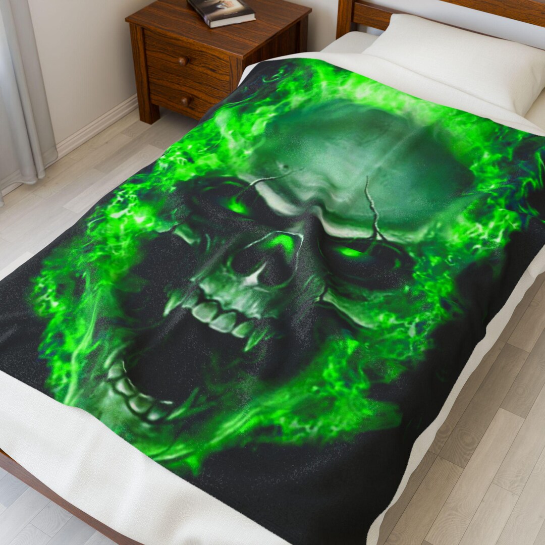 Green Flaming Skull Velveteen Plush Blanket | Neon Horror Skull Design ...