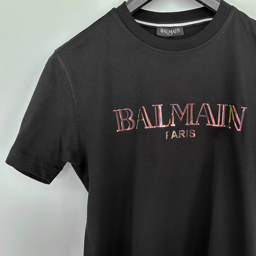 Balmain Black T-shirt With Iridescent Colors Text Logo Print on the ...