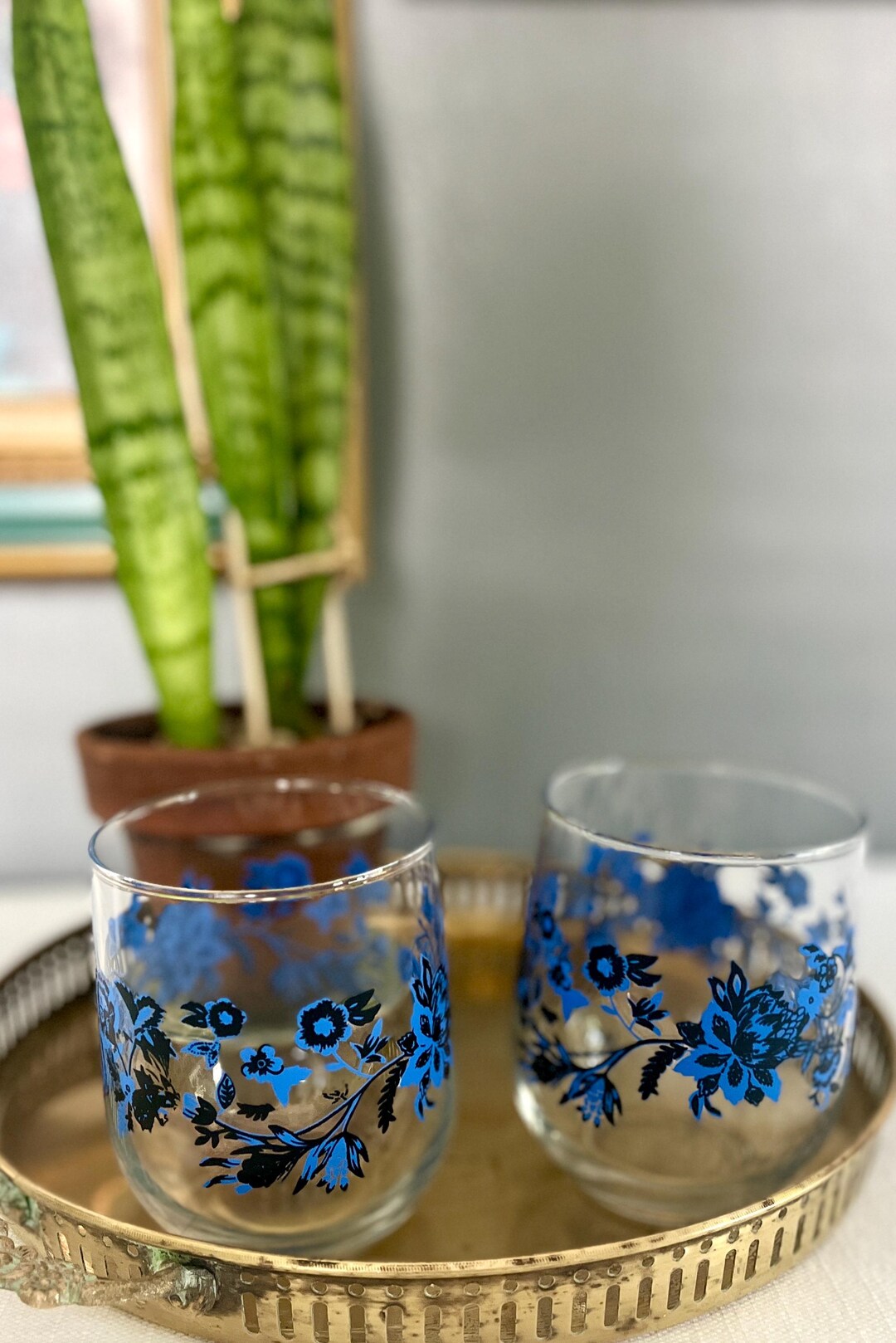 Stemless Wine Glasses Pair Clear Blue Floral Cristar Mikonos Royal ...