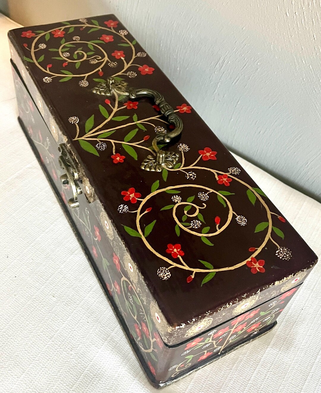Hand Painted Storage Box Floral Streams of Flowers in Red With Gold ...