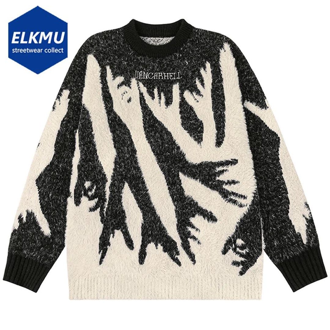 Men's Hip Hop Sweater Hands Graphic Loose Knit Jumper Streetwear ...