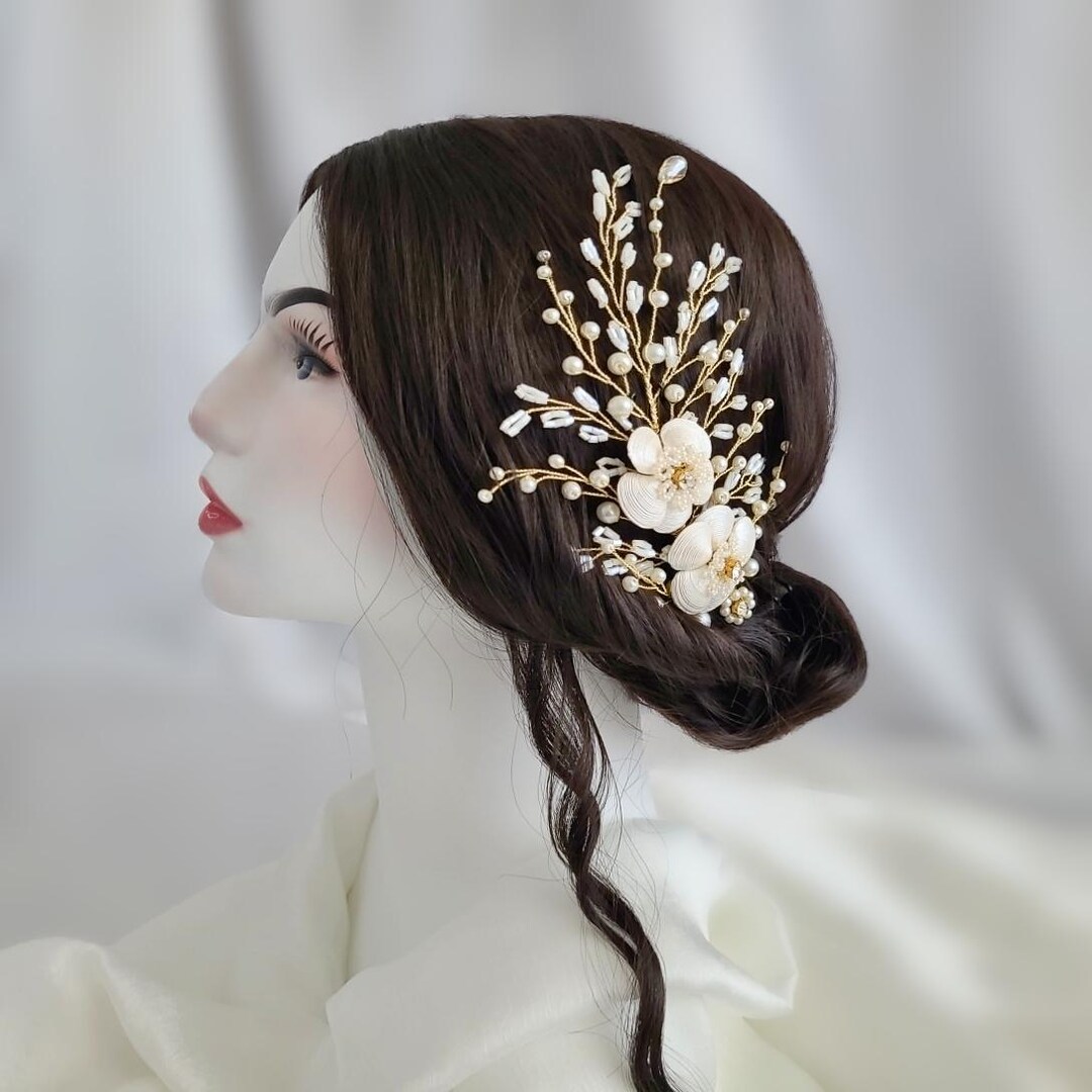Daisy Seashell Pearl Two-side Bridal Headpiece, Cream Floral Wedding ...