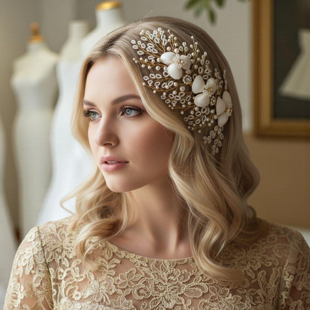White Seashell Pearl Wedding Side Headpiece and Hair Comb Set: Floral ...