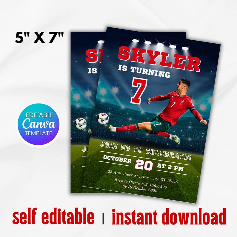 Cristiano Ronaldo Birthday Invitation, Editable Soccer Party Invite ...
