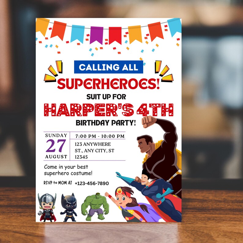 Editable Superheroes Birthday Invitation Template, Superhero Bday Card ...