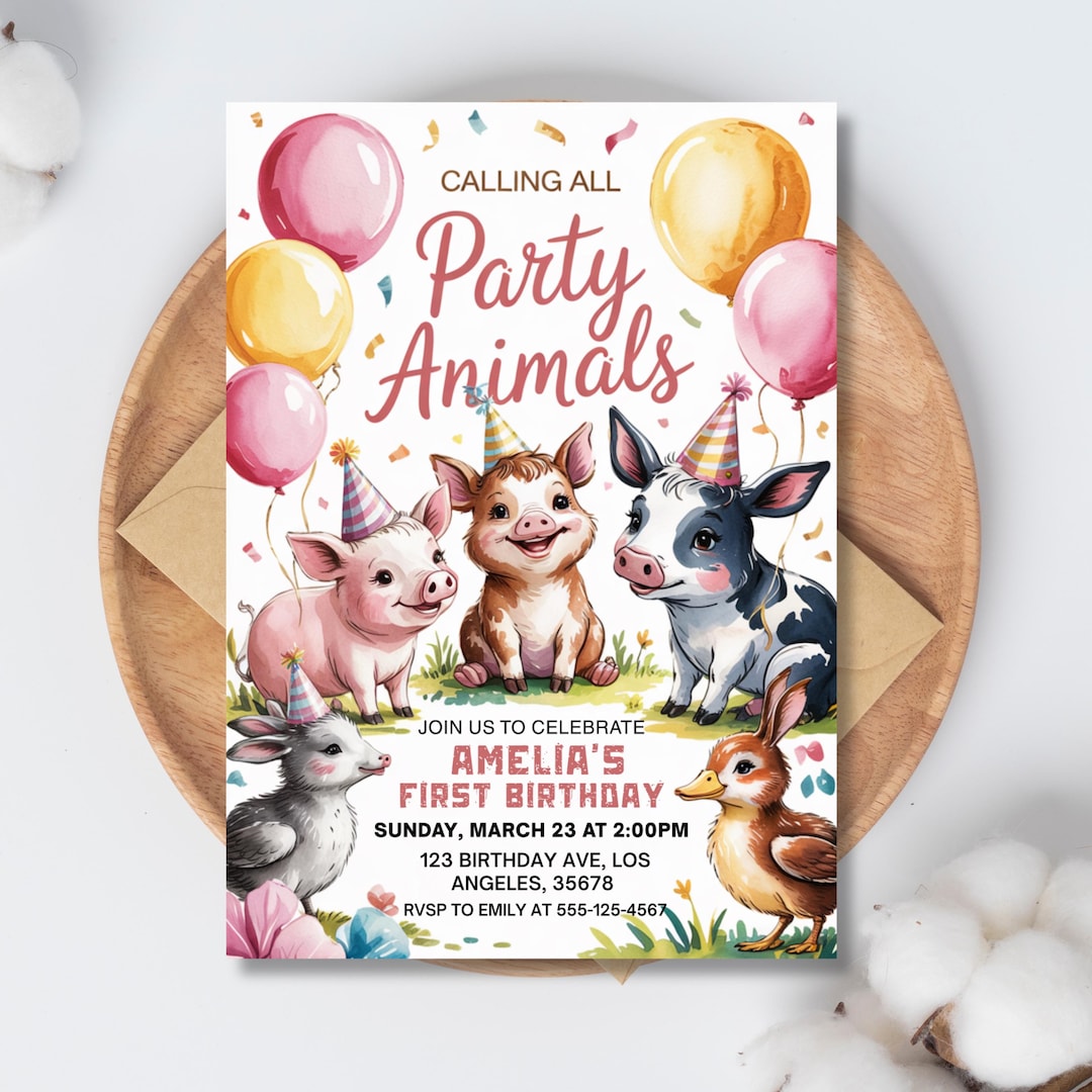 Party Animals Birthday Invitation | Cute Animal Theme | Baby Animal ...