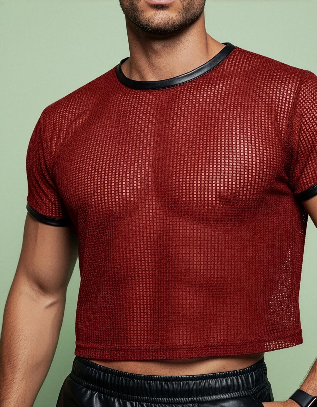 Men's Red Mesh Crop Top Sheer See Through Festival Weargay Fashion ...