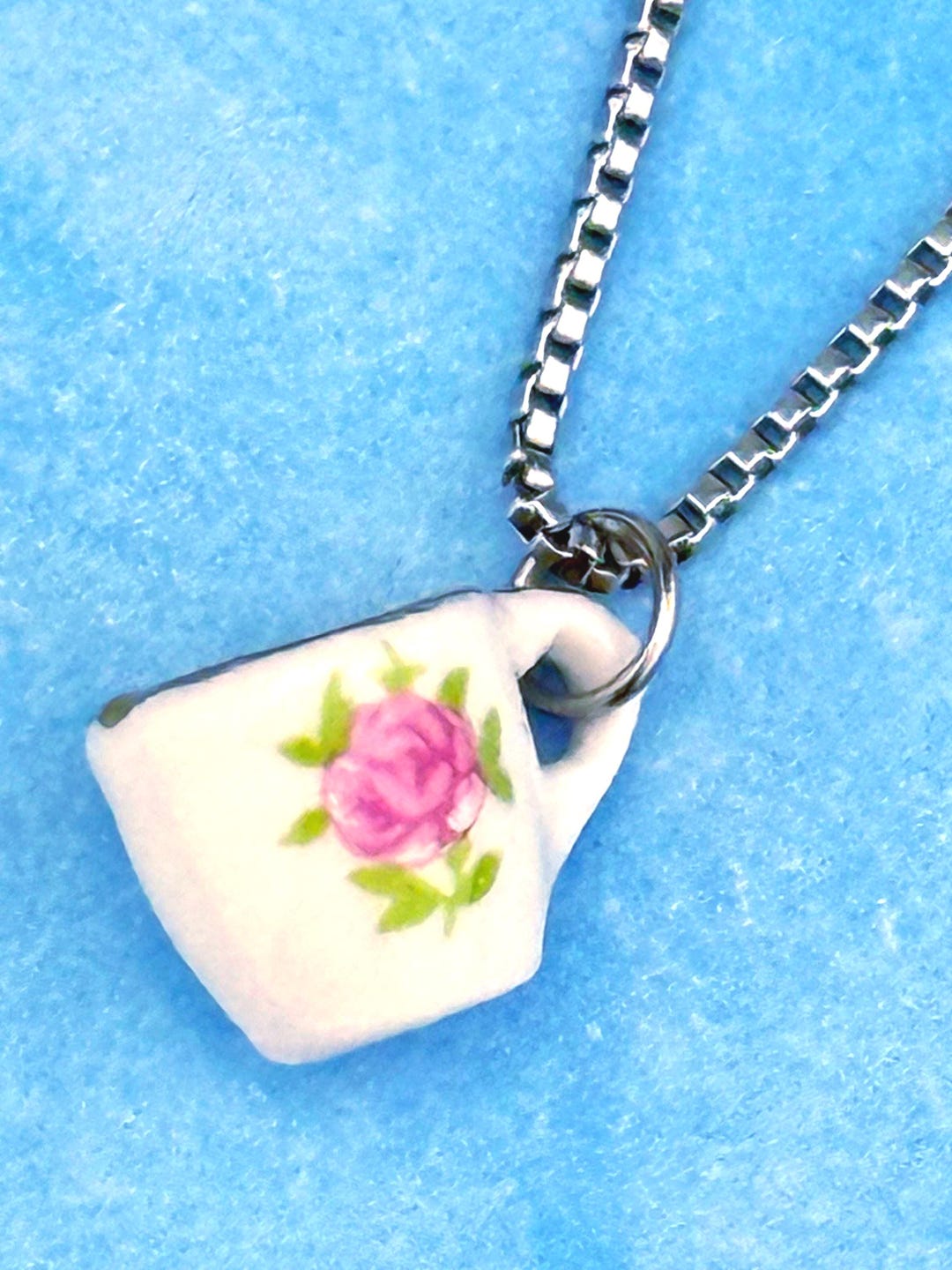 Ceramic Teacup Necklace: Pink Rose China Pendant, Stainless Steel Chain ...
