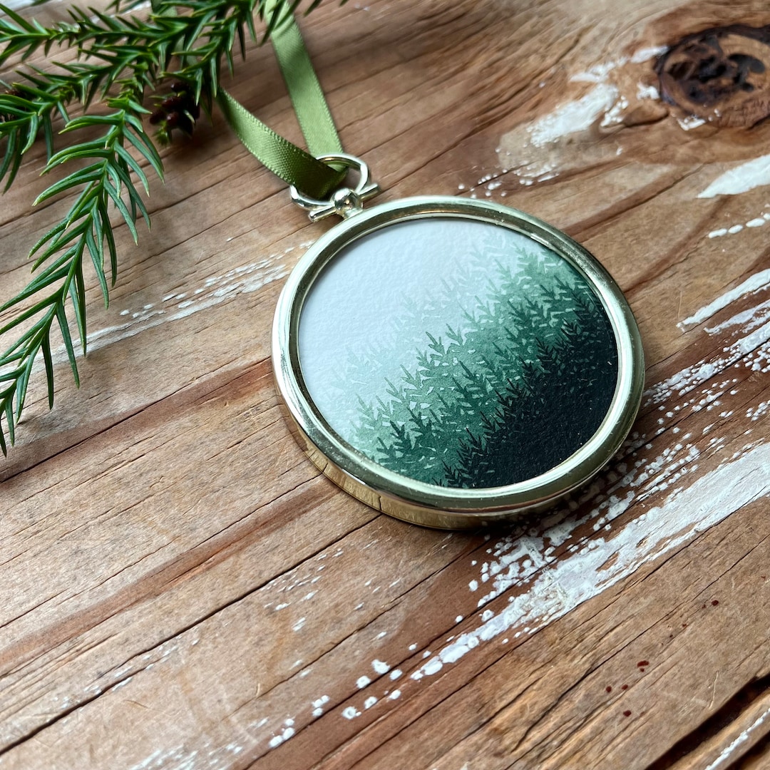 Pine Tree Forest Art Christmas Ornament in Vintage Frame - Etsy