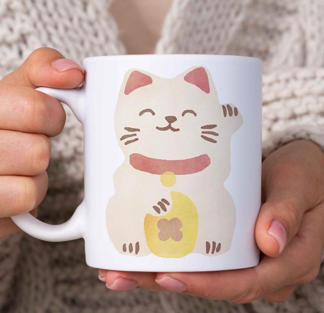 Lucky Cat Mug, Japanese Maneki Neko Coffee Cup, Waving Cat Good Luck ...