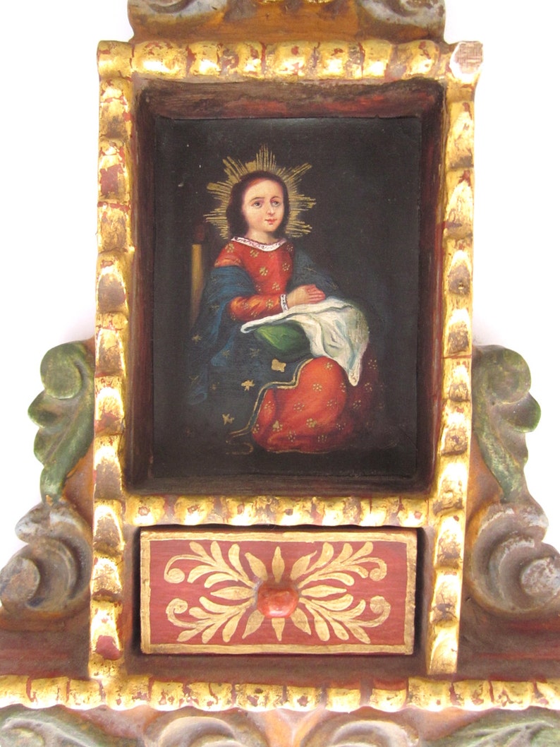 Religious Art Retablo Wood Shrine Miniature Oil Painting of Virgin Mary ...
