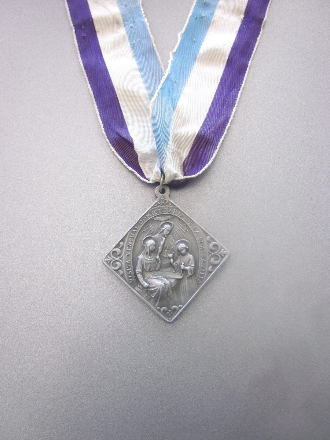 Vintage Large Triangular Religious Medal Reversible Pendant Holy Family ...