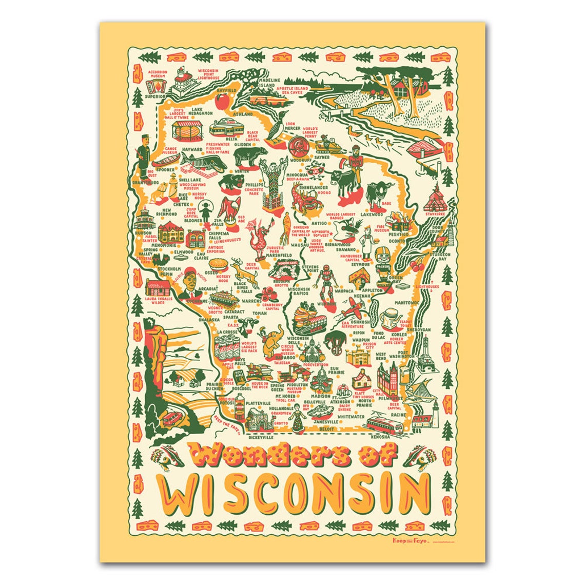 Wisconsin Poster Wonders of Wisconsin Map Poster WI Map - Etsy