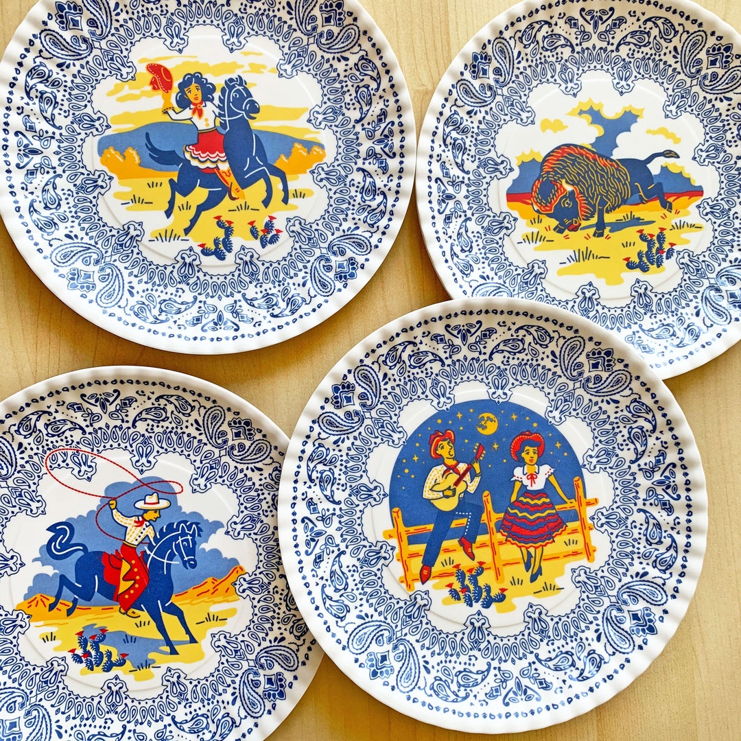 Western Plates, Melamine Plates, Set of 4: Cowboy, Cowgirl, Buffalo ...