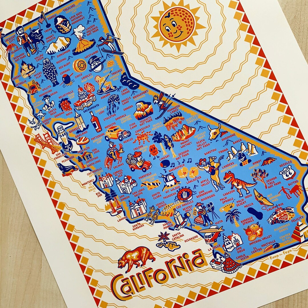 California Map Art Print: Illustrated Travel Landmarks, 16x20" - Etsy