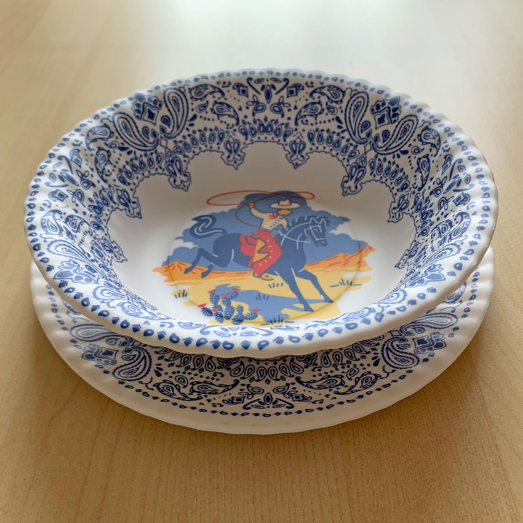 Cowboy Plate and Bowl Set, 1 Each, 7" Melamine Bowl, 7.5" Melamine ...