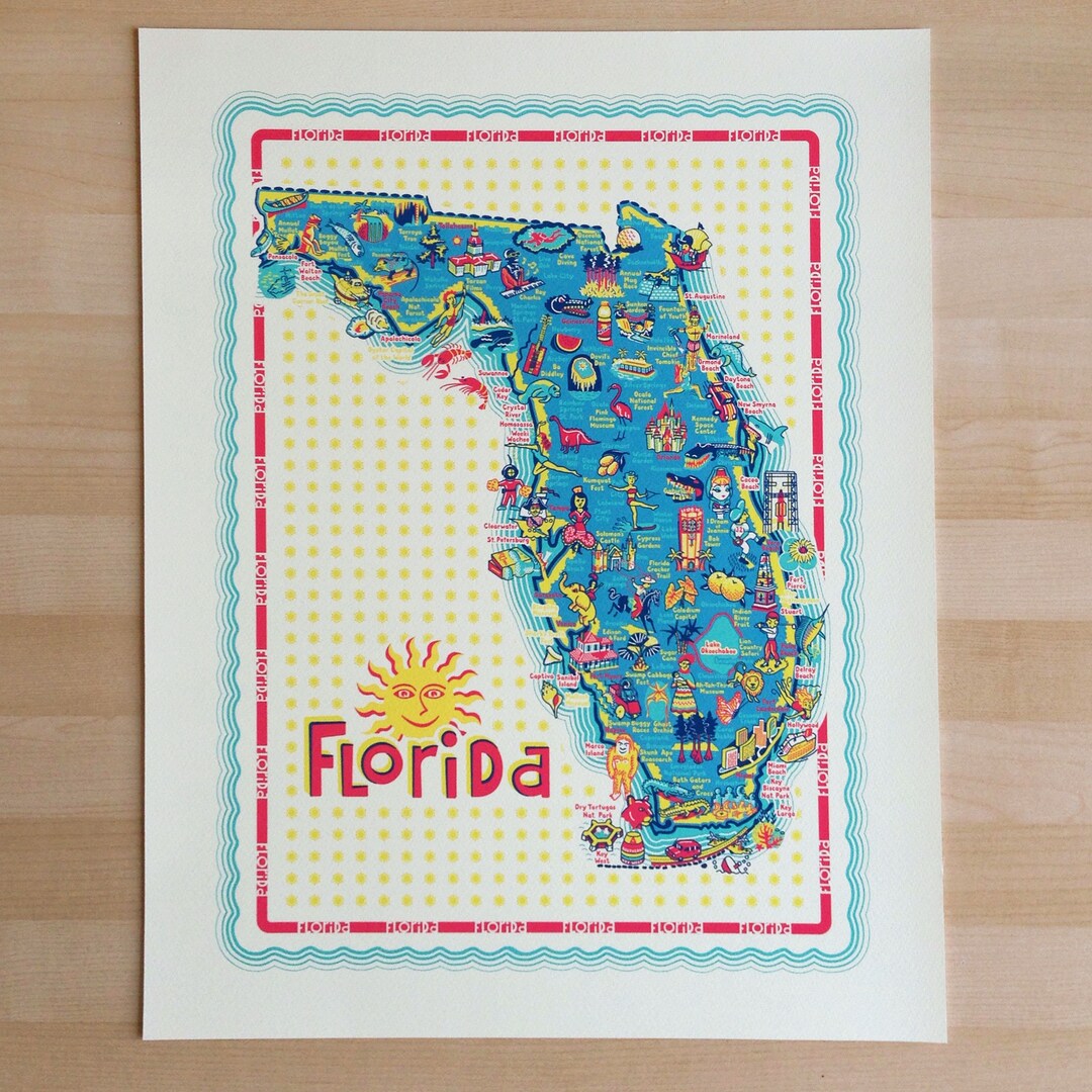 Florida Print, 16" X 20", Florida Map Print, Florida Pictorial Map - Etsy