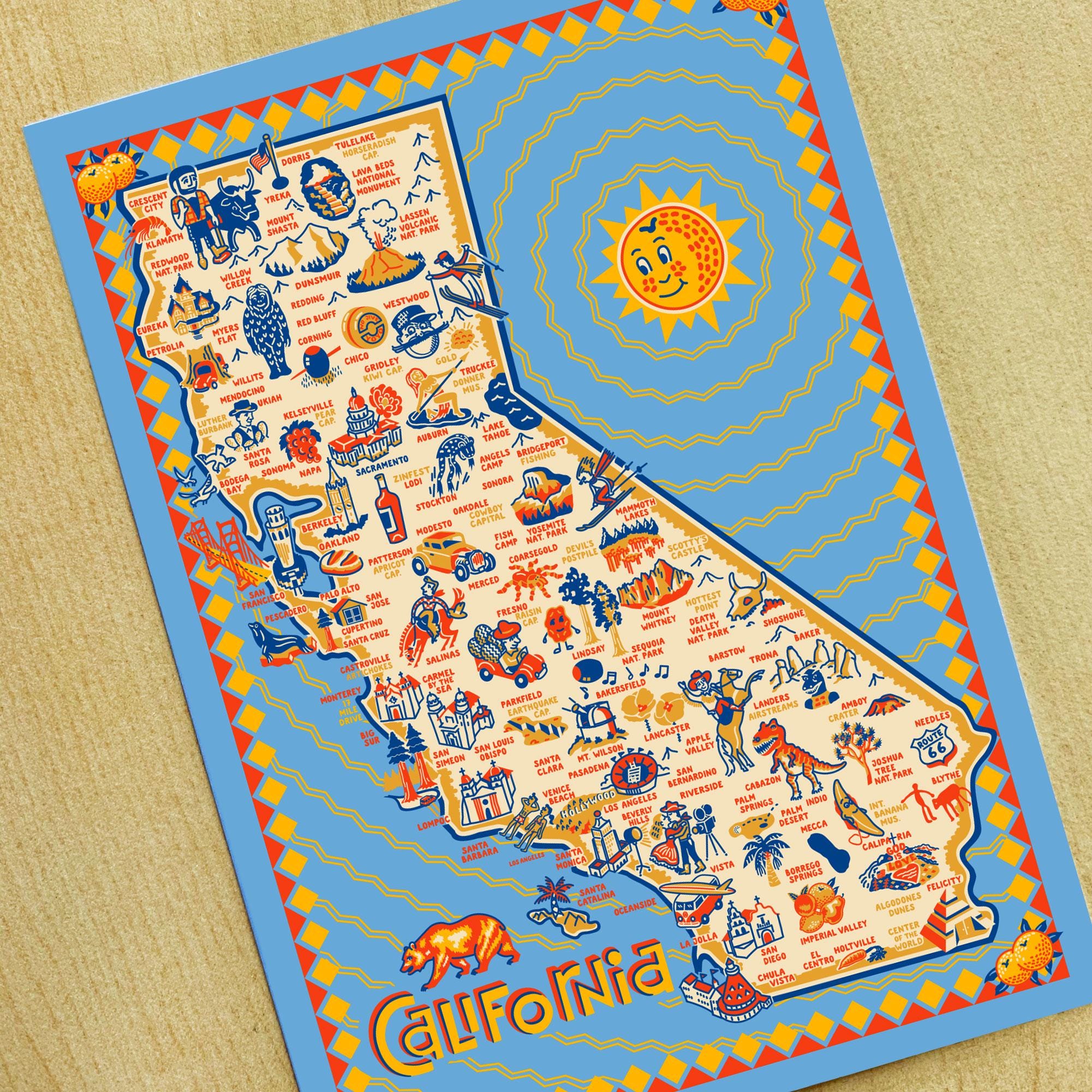 California Map Postcard, Illustrated Landmarks, 6x4.25" - Etsy