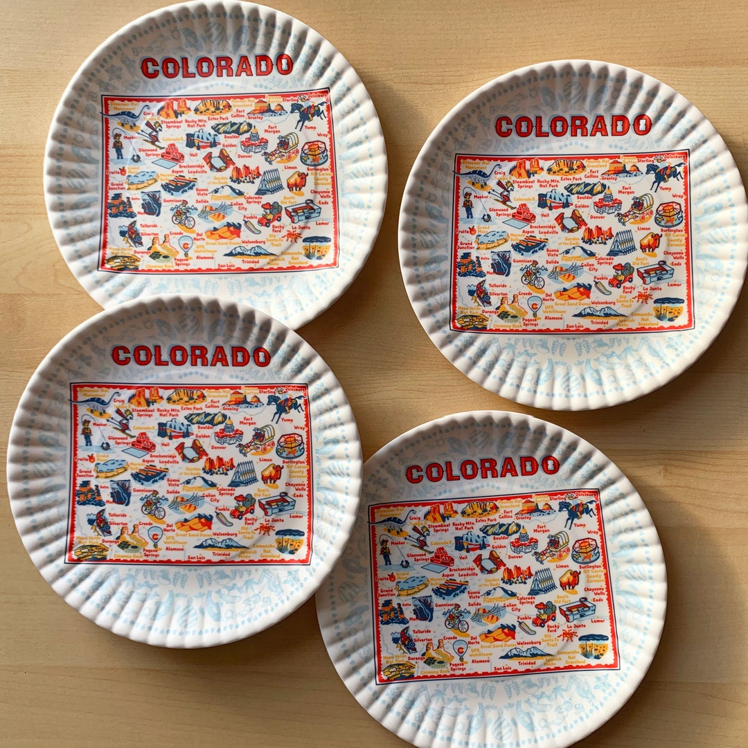 Colorado Map Plates: Set of 4 Melamine Plates, State Icons Dinnerware ...