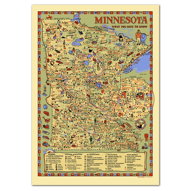 Minnesota Map Poster, Minnesota: Scenic Travel, Roadside Attractions ...