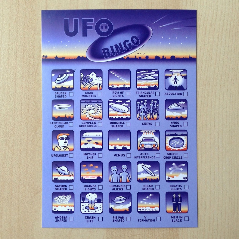 UFO Postcard: Aliens & Flying Saucer Bingo, 4.25x6" - Etsy