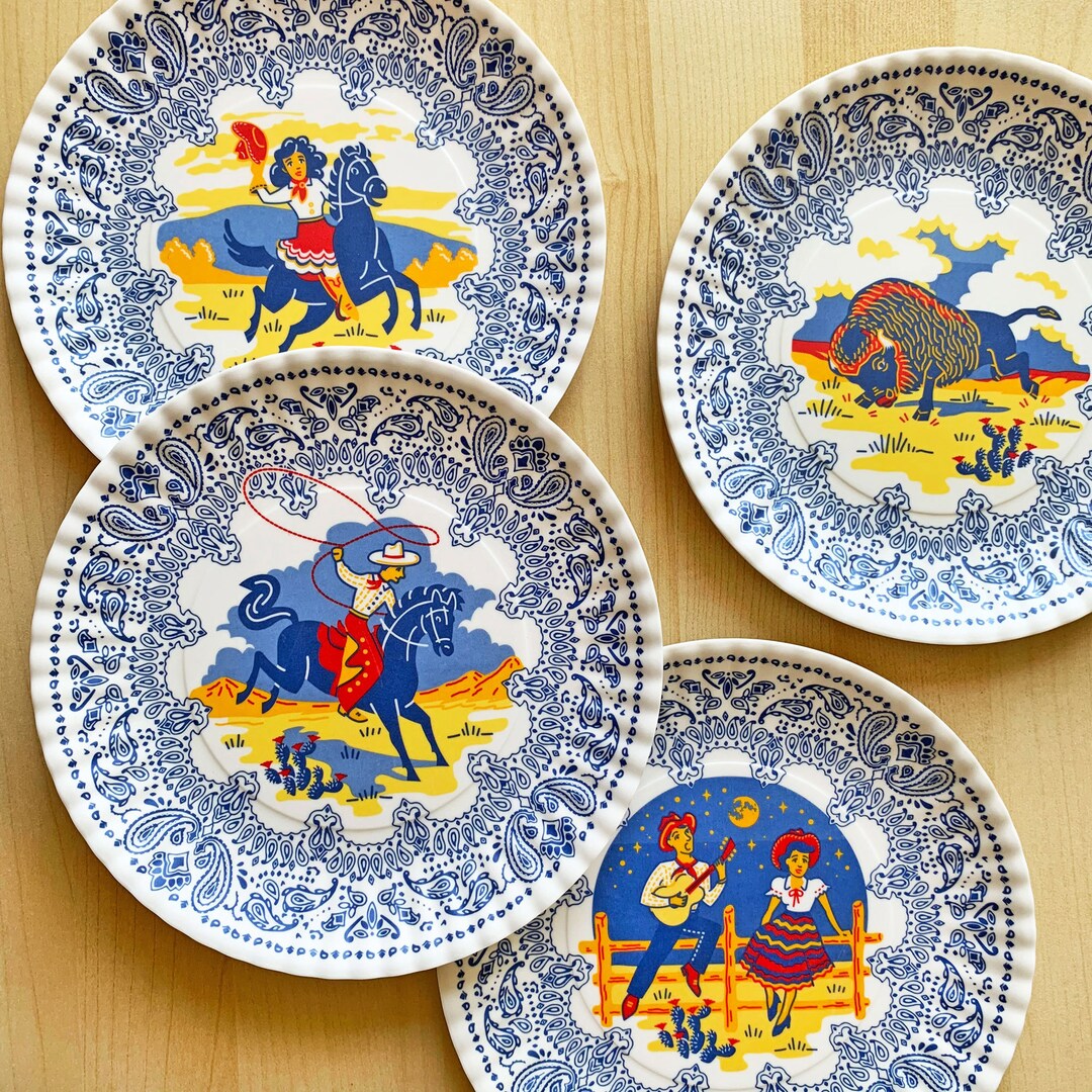 Western Plates, 7.5" Melamine Plates, Set of 4: Cowboy, Cowgirl ...